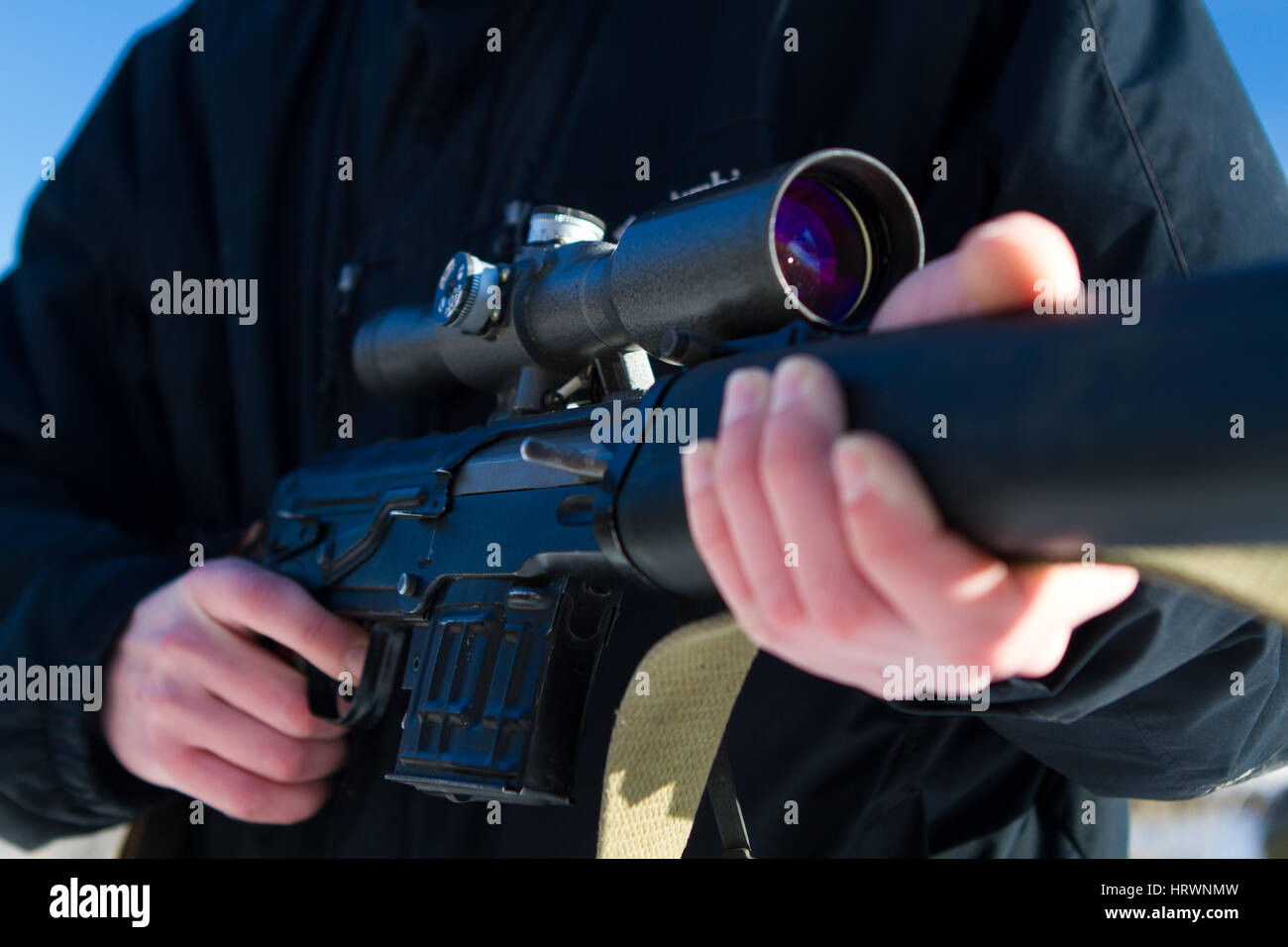 soldier or sniper holding gun with virtual screen projection and aiming ...