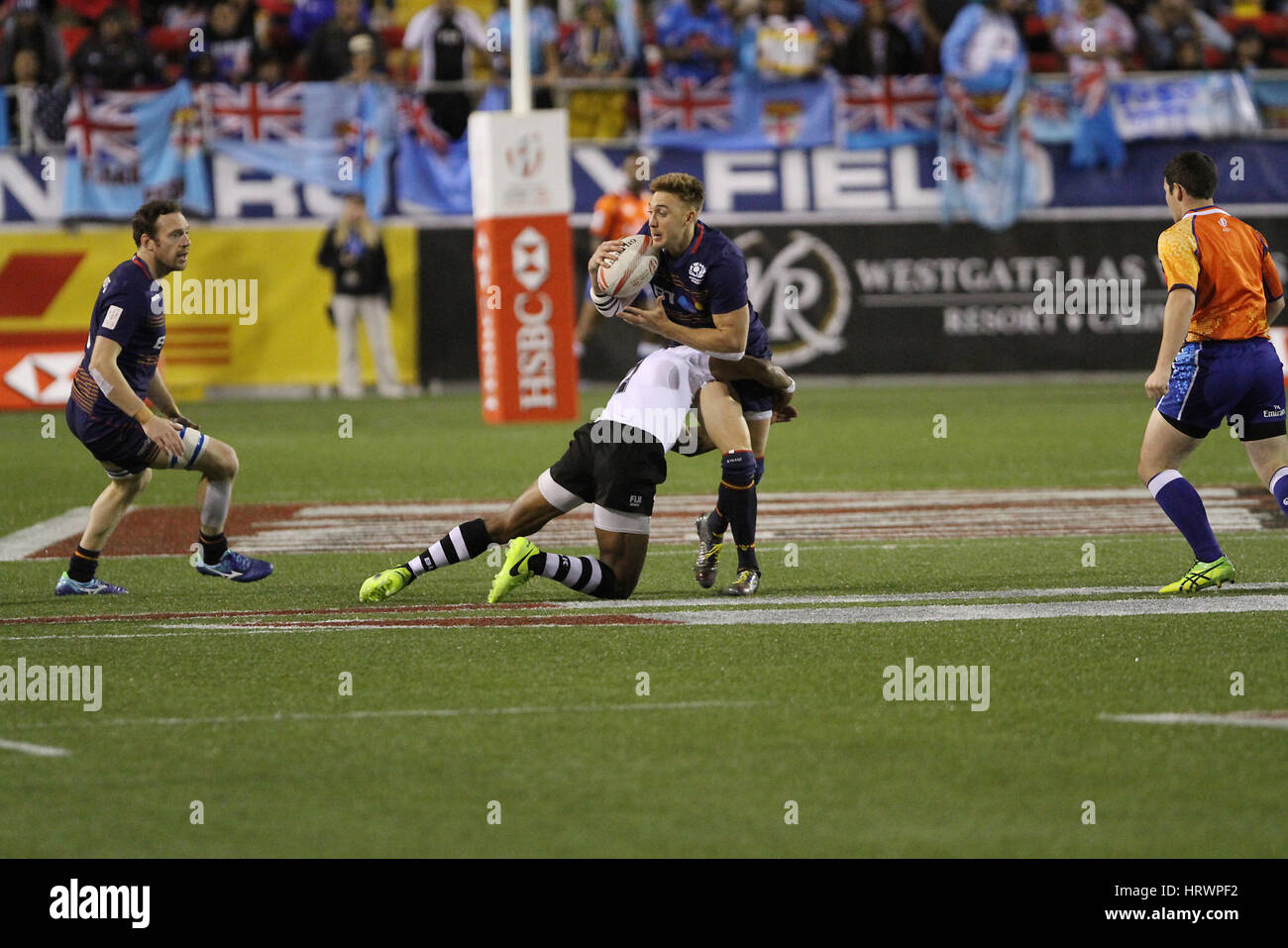 Las Vegas, Nevada, USA. 3rd Mar, 2017. Fijian Rugby player tackles ...