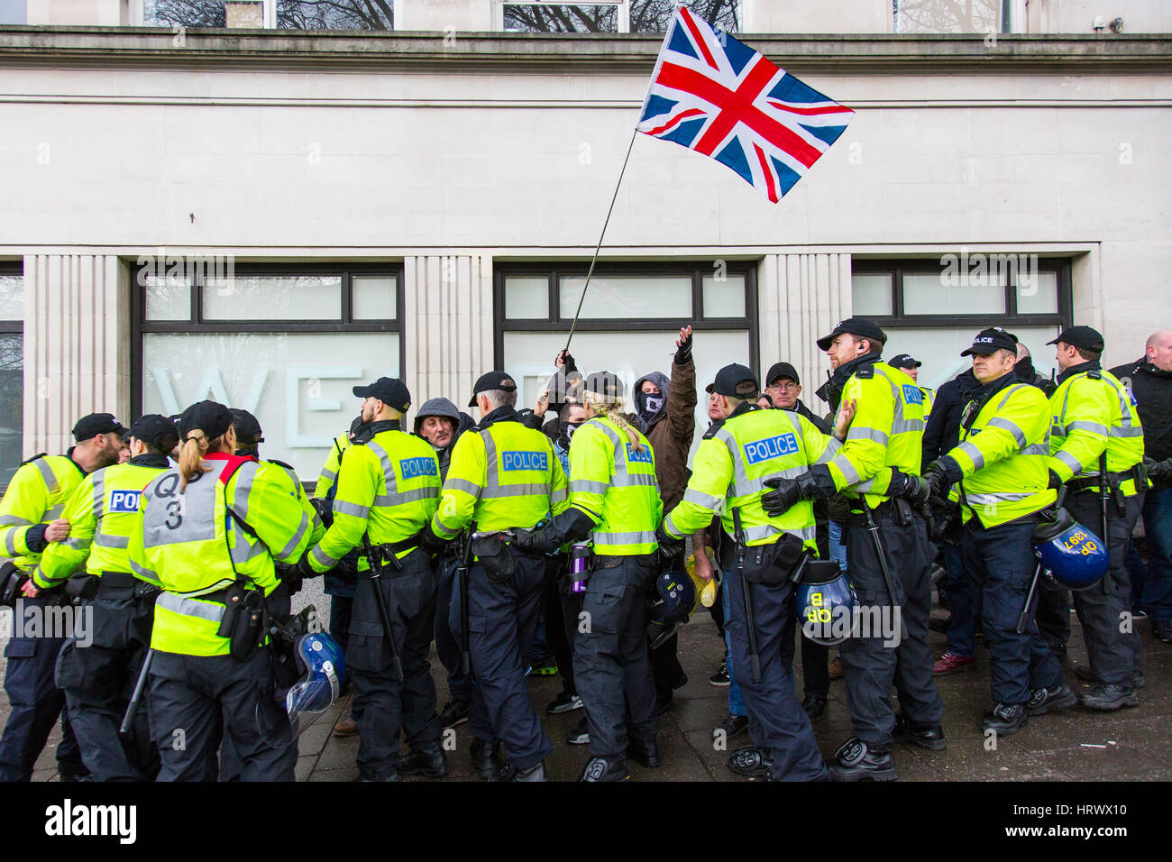 Bristol, UK. 4th March, 2017. Police escort right-wing protesters away ...
