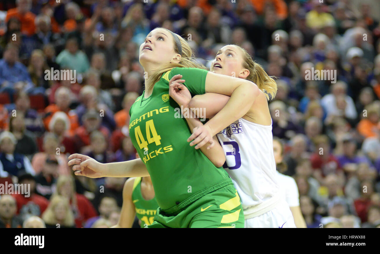 March 3, 2017: UW forward Katie Collier (13) and the Ducks Mallory ...