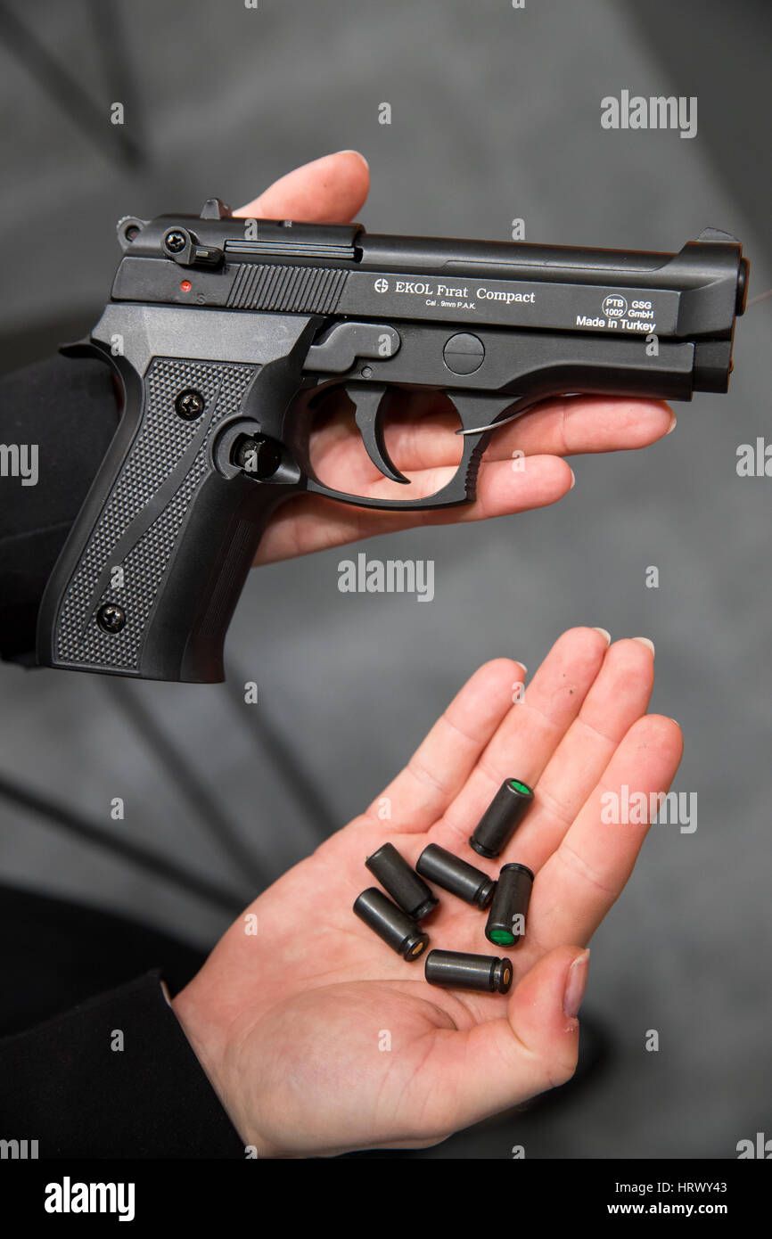 Nuremburg, Germany. 03rd Mar, 2017. GSG 9mm alarm gun and cartridges at ...