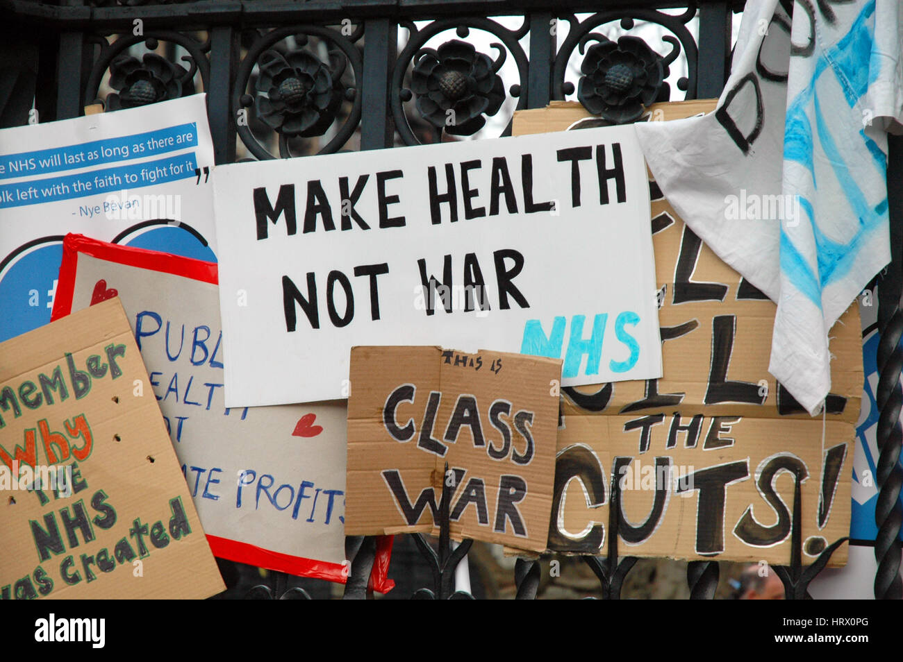 London, UK, 04/03/2017, Placards on the railings of the Houses of ...