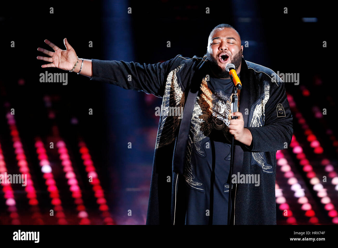 SANREMO, ITALY, February 11: Singer Sergio Sylvestre performs during ...