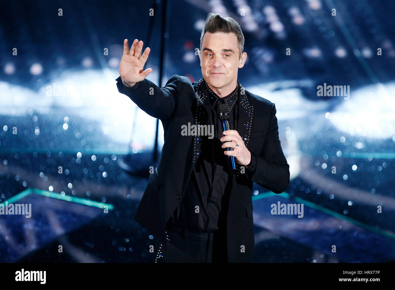 SANREMO, ITALY, February 8: Singer Robbie Williams performs during the ...