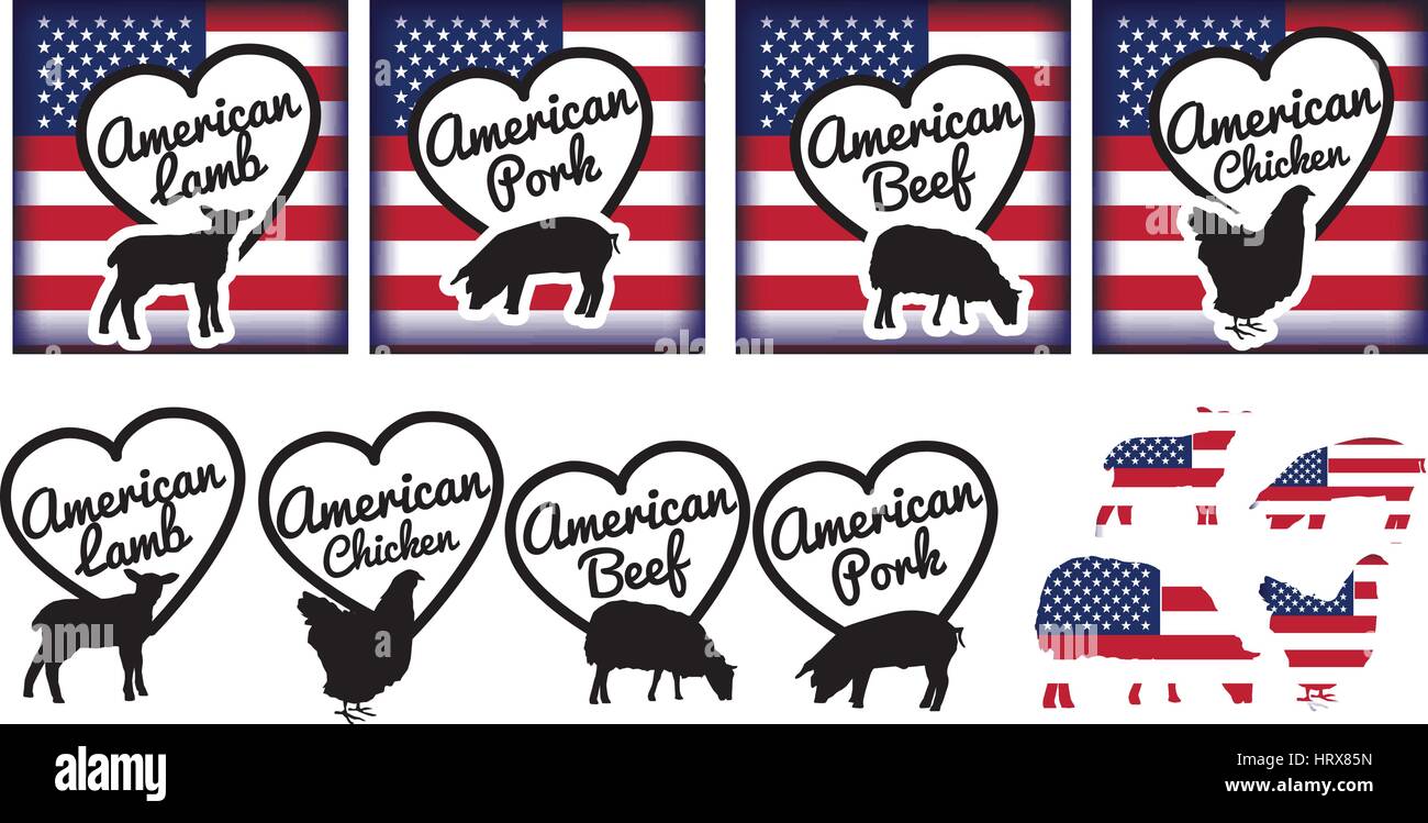 set of designs using american flag and animals in a heart motif Stock ...