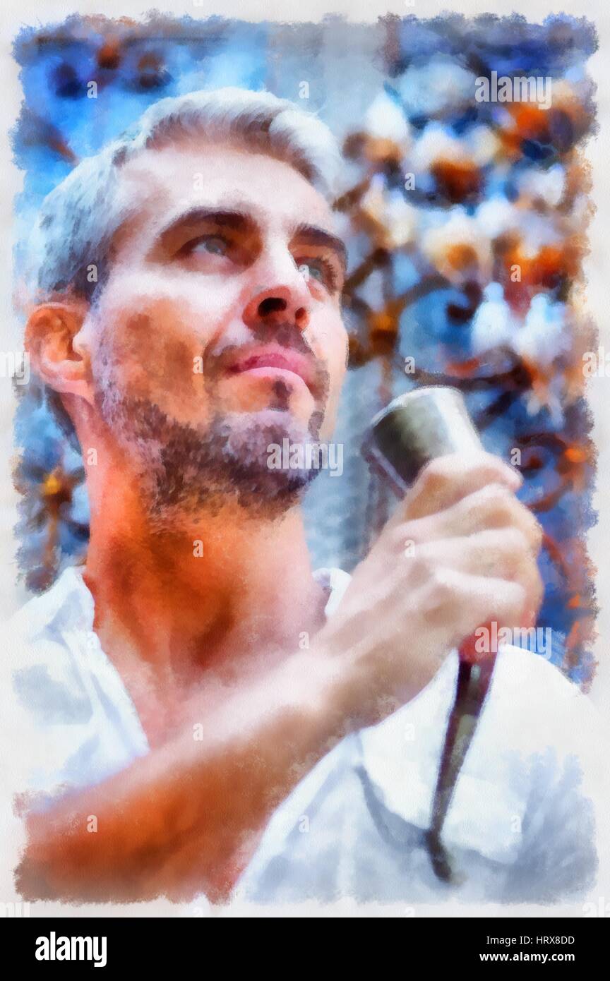 handsome man drinking from the horn of abundance, painting effect Stock ...
