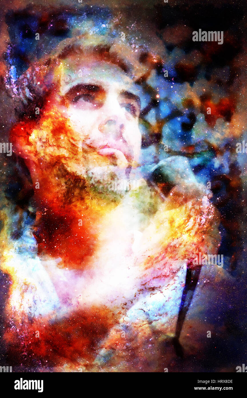 handsome man drinking from the horn of abundance, collage with space ...