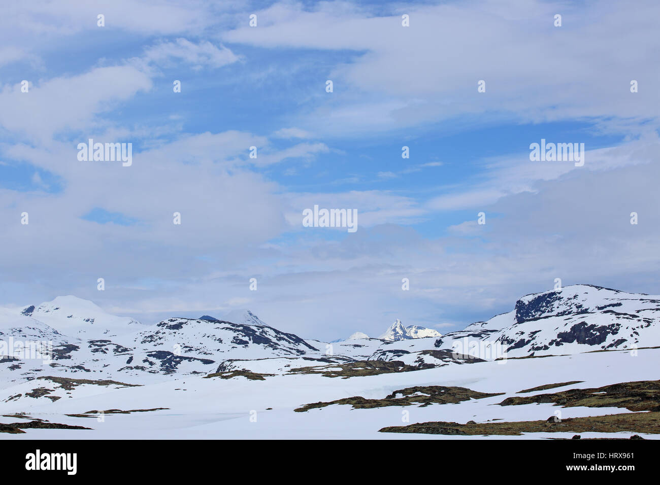 Spring Norway landscape with mountaind and valley with melting snow ...