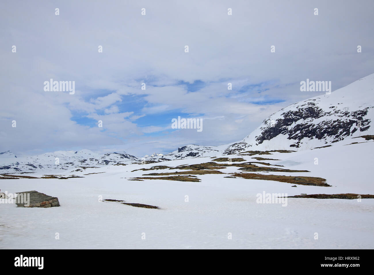 Spring Norway landscape with mountaind and valley with melting snow ...