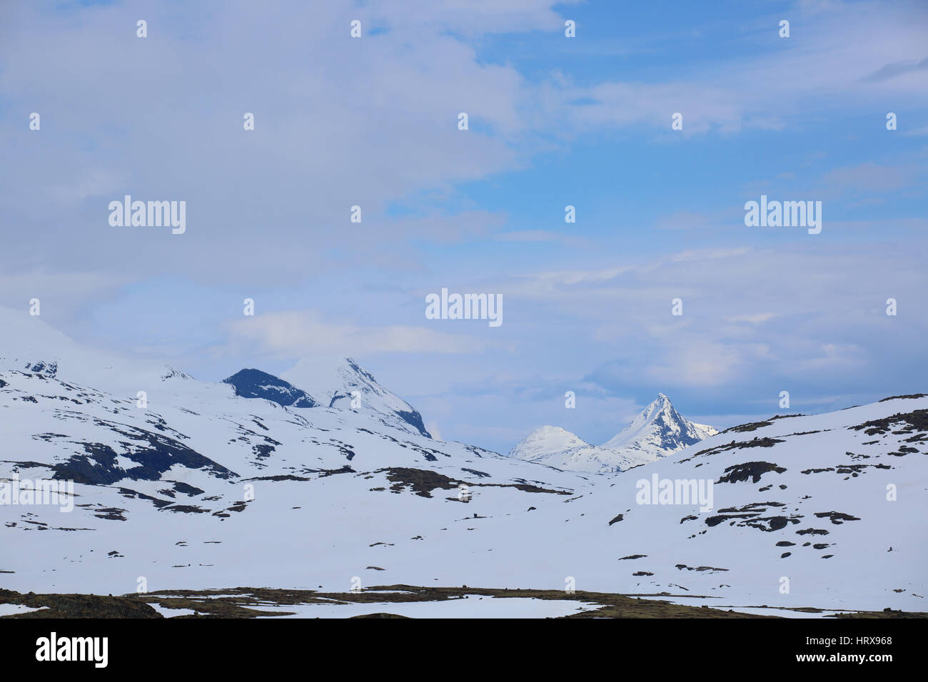 Spring Norway landscape with mountaind and valley with melting snow ...