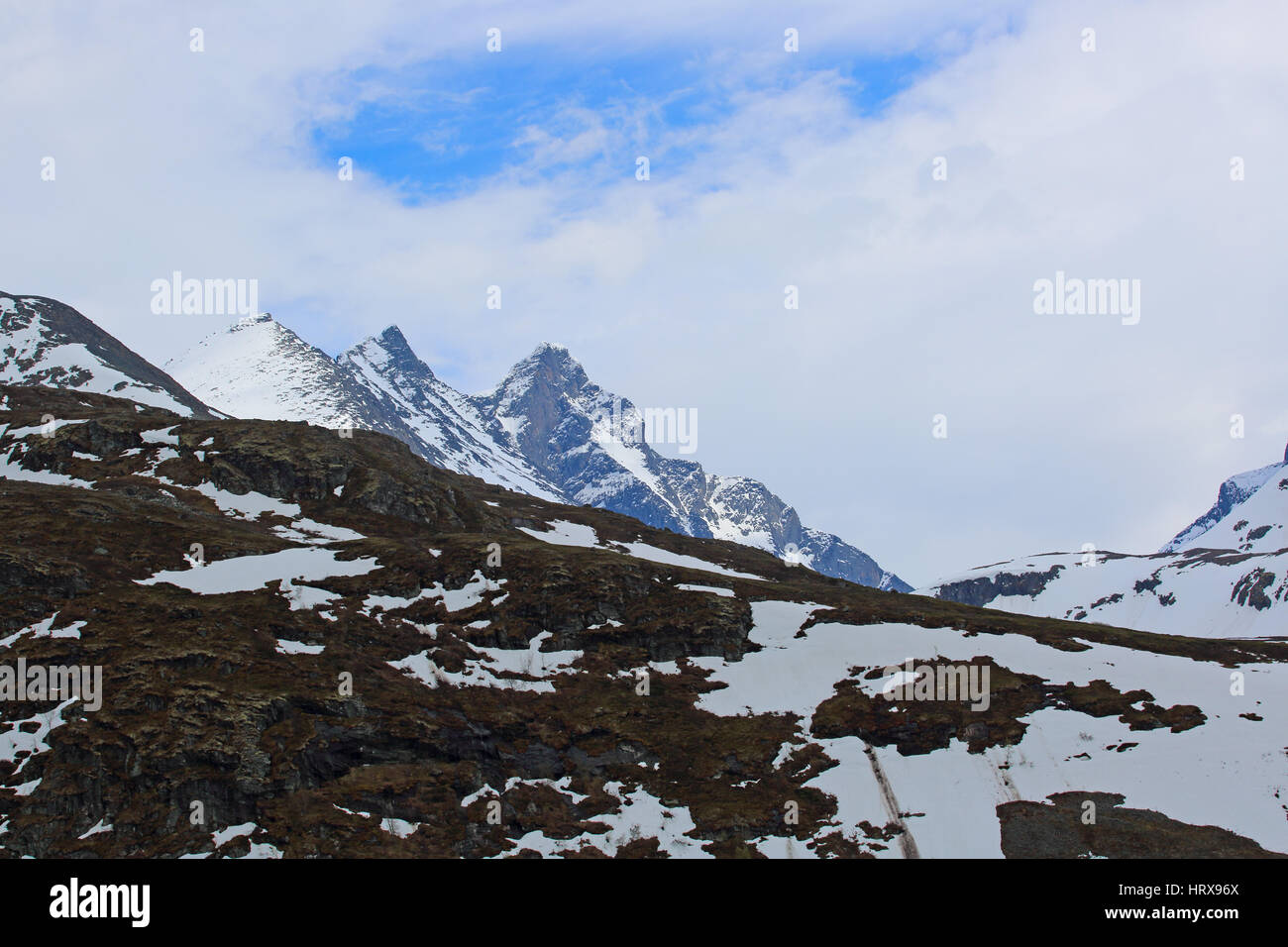 Beautiful spring Norway mountains with melting snow on tops Stock Photo ...