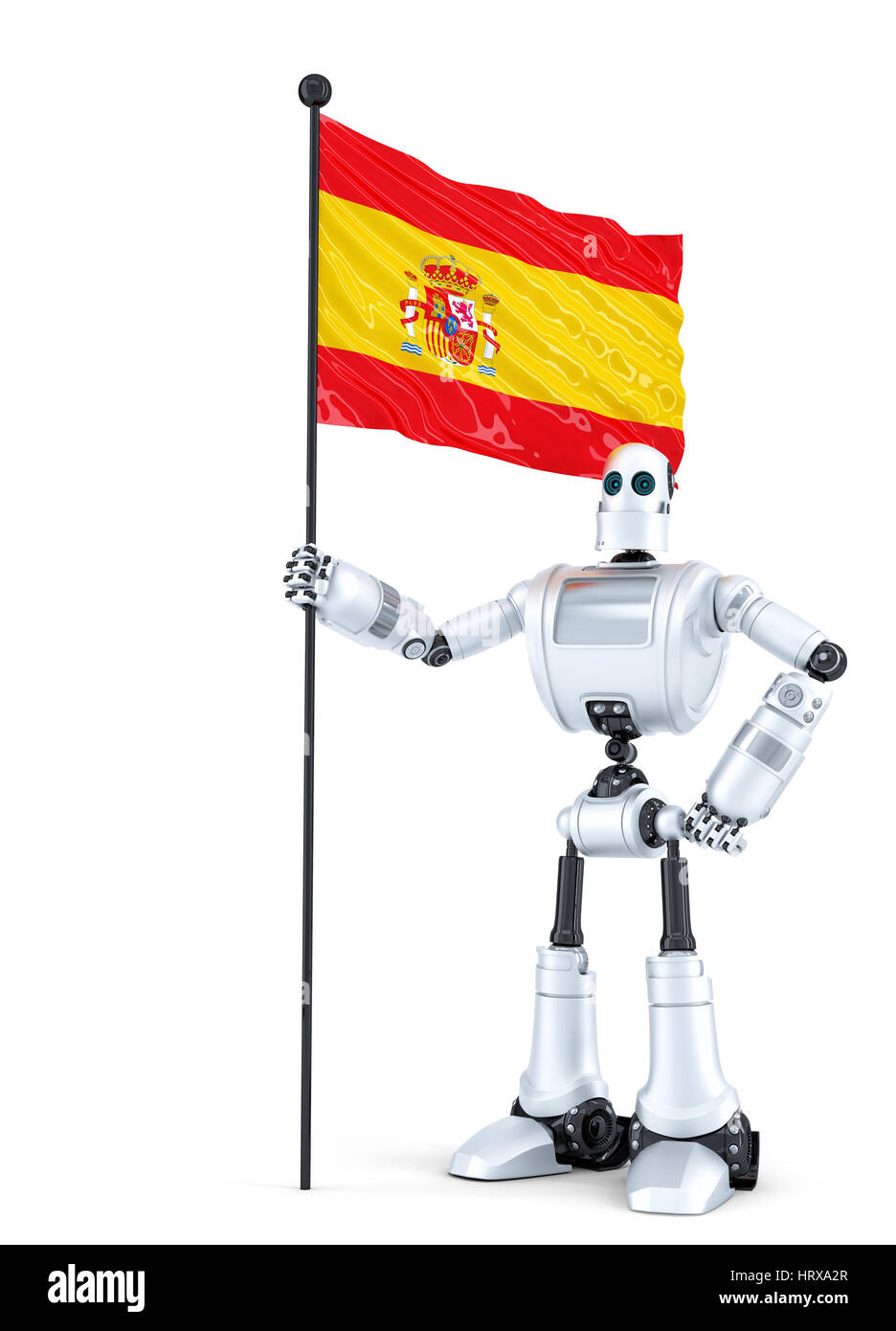 Android Robot standing with flag of Spain. Isolated on white. Contains ...