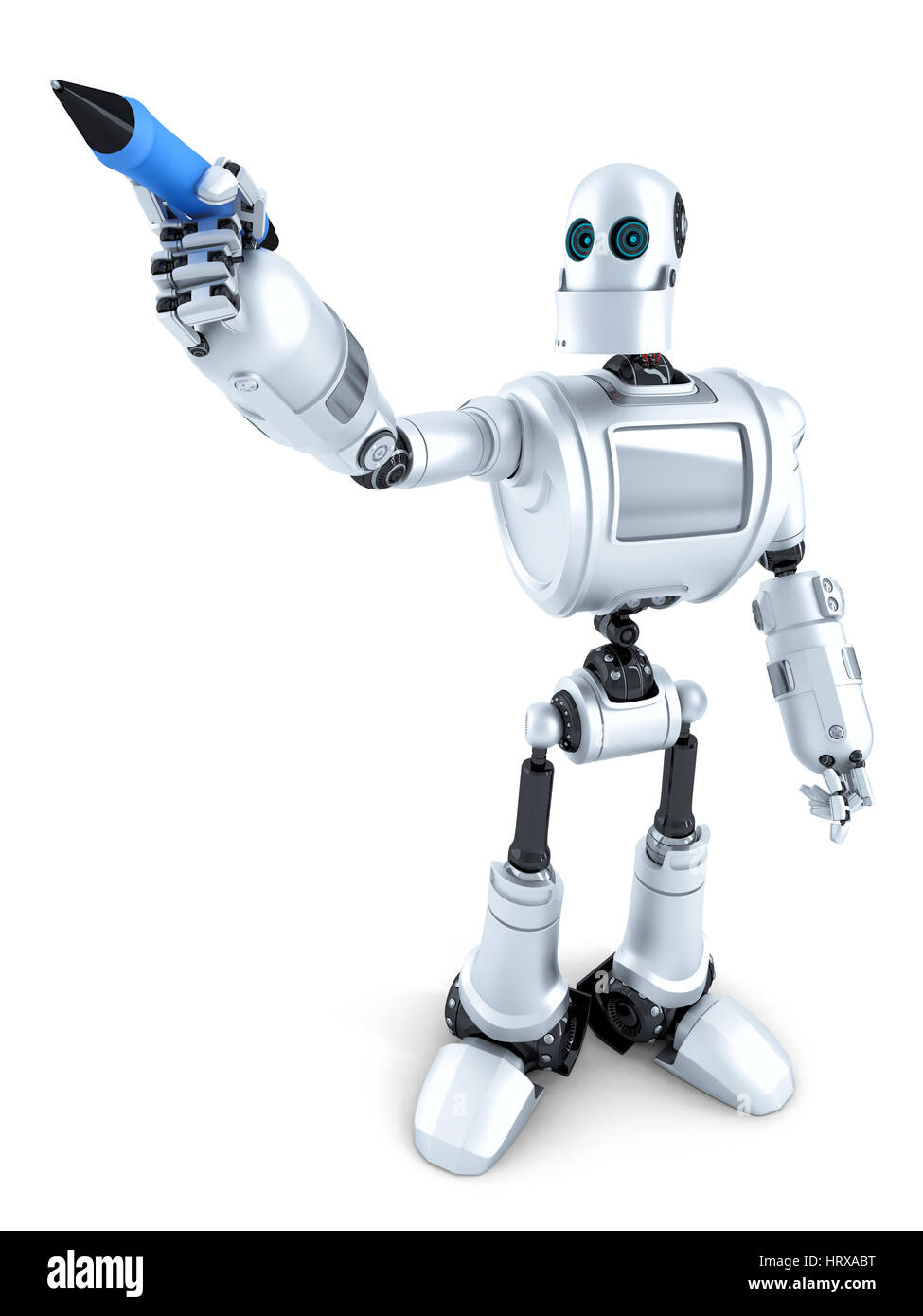 Robot writing on invisible screen. Isolated on white. Contains clipping ...