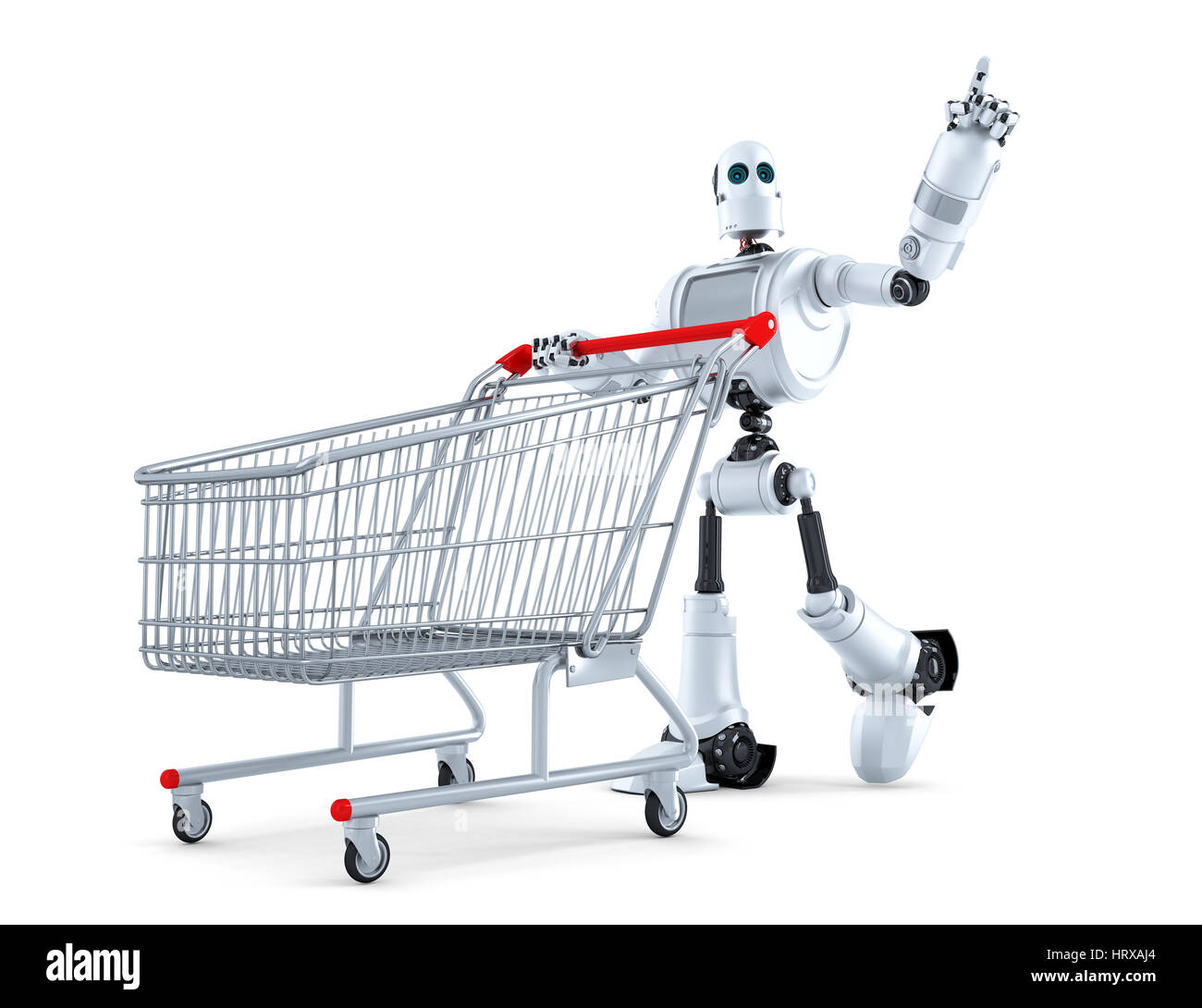 Robot with shopping cart pointing at invisible object. Isolated over ...