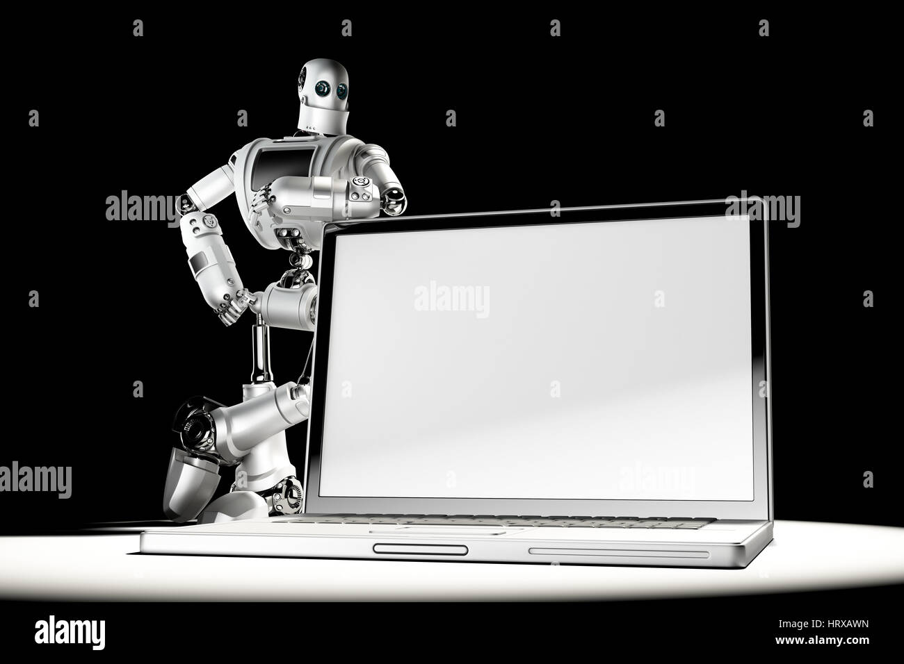 Robot with blank screen laptop. Image containc lipping path of laptop ...