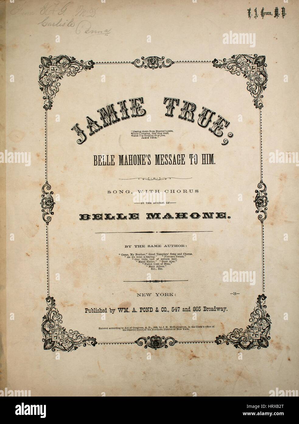 Sheet music cover image of the song 'Jamie True; Belle Mahone's Message ...