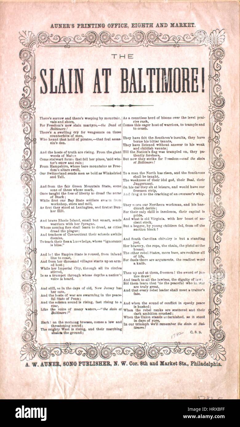 Sheet music cover image of the song 'Song Sheet The Slain at Baltimore ...