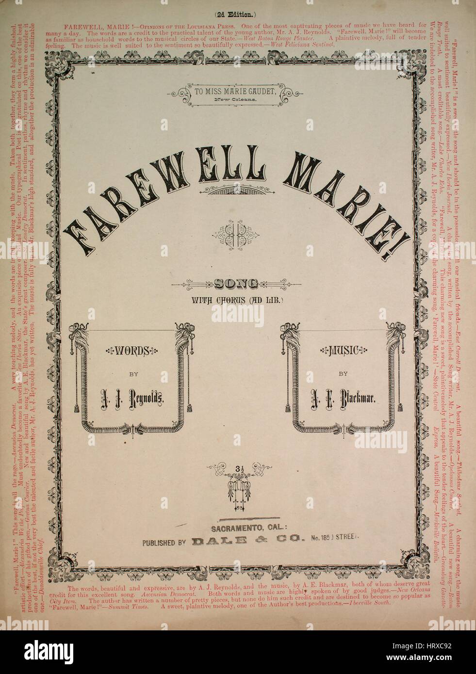 Sheet music cover image of the song 'Farewell Marie! Song 2d Edition ...