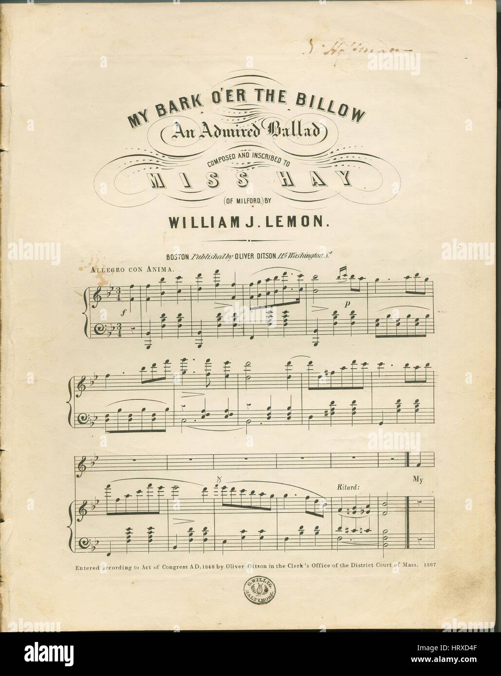 Sheet music cover image of the song 'My Bark O'er the Billow An Admired ...