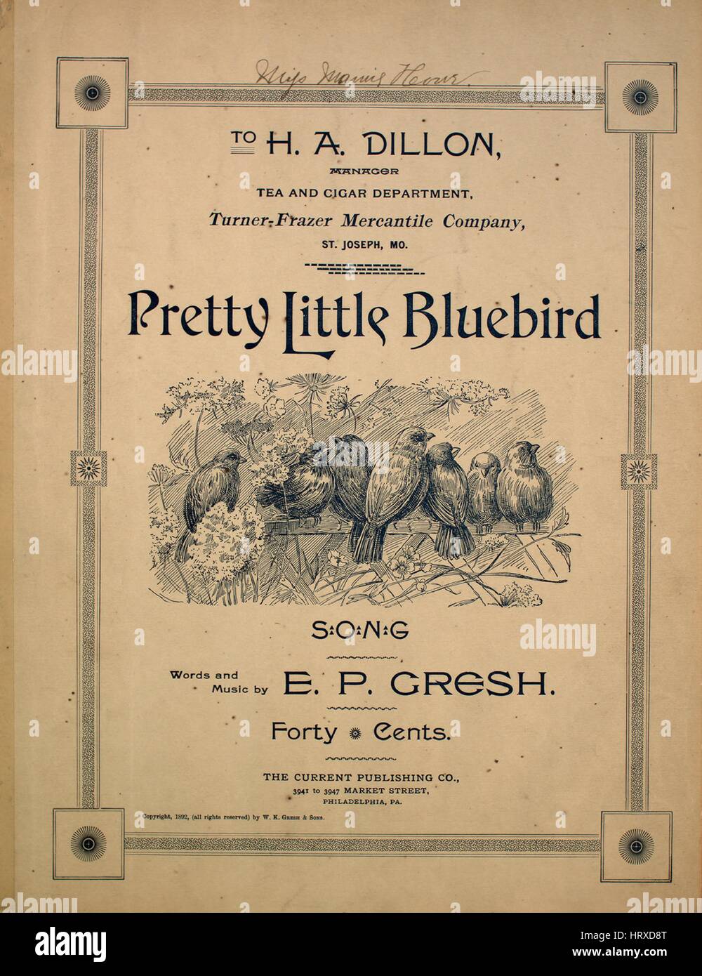 Sheet music cover image of the song 'Pretty Little Bluebird Song', with ...
