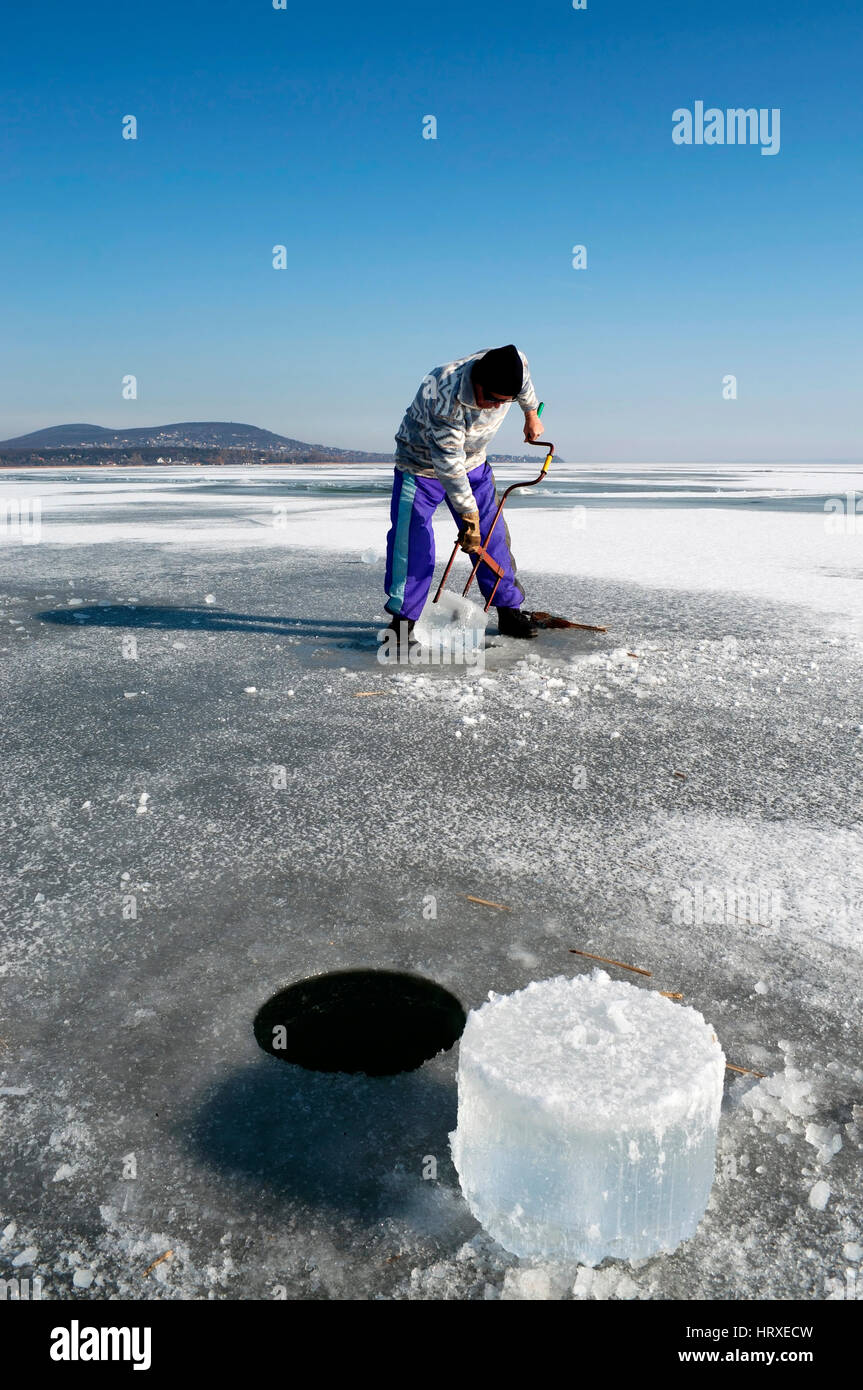 Ice hole boring on Lake Balaton, Hungary Stock Photo - Alamy