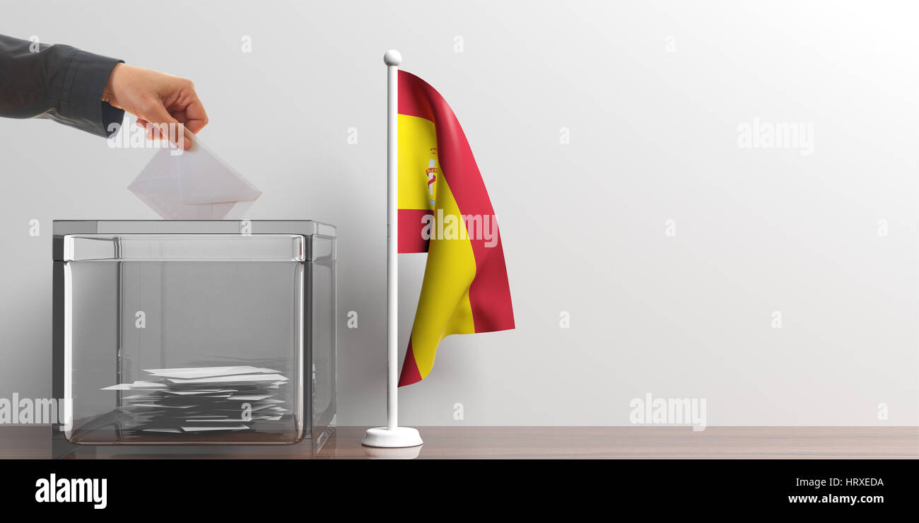 Glass ballot box and a small Spanish flag. 3d illustration Stock Photo ...
