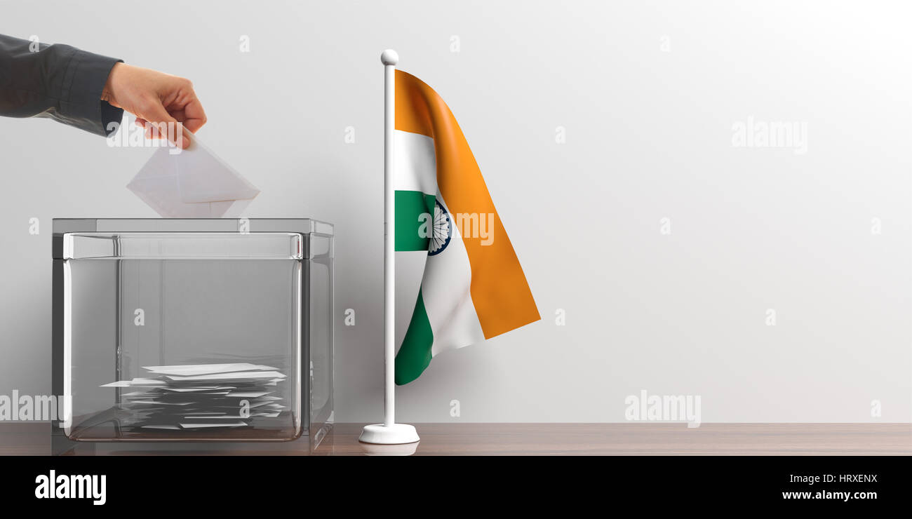 Glass ballot box and a small India flag. 3d illustration Stock Photo ...