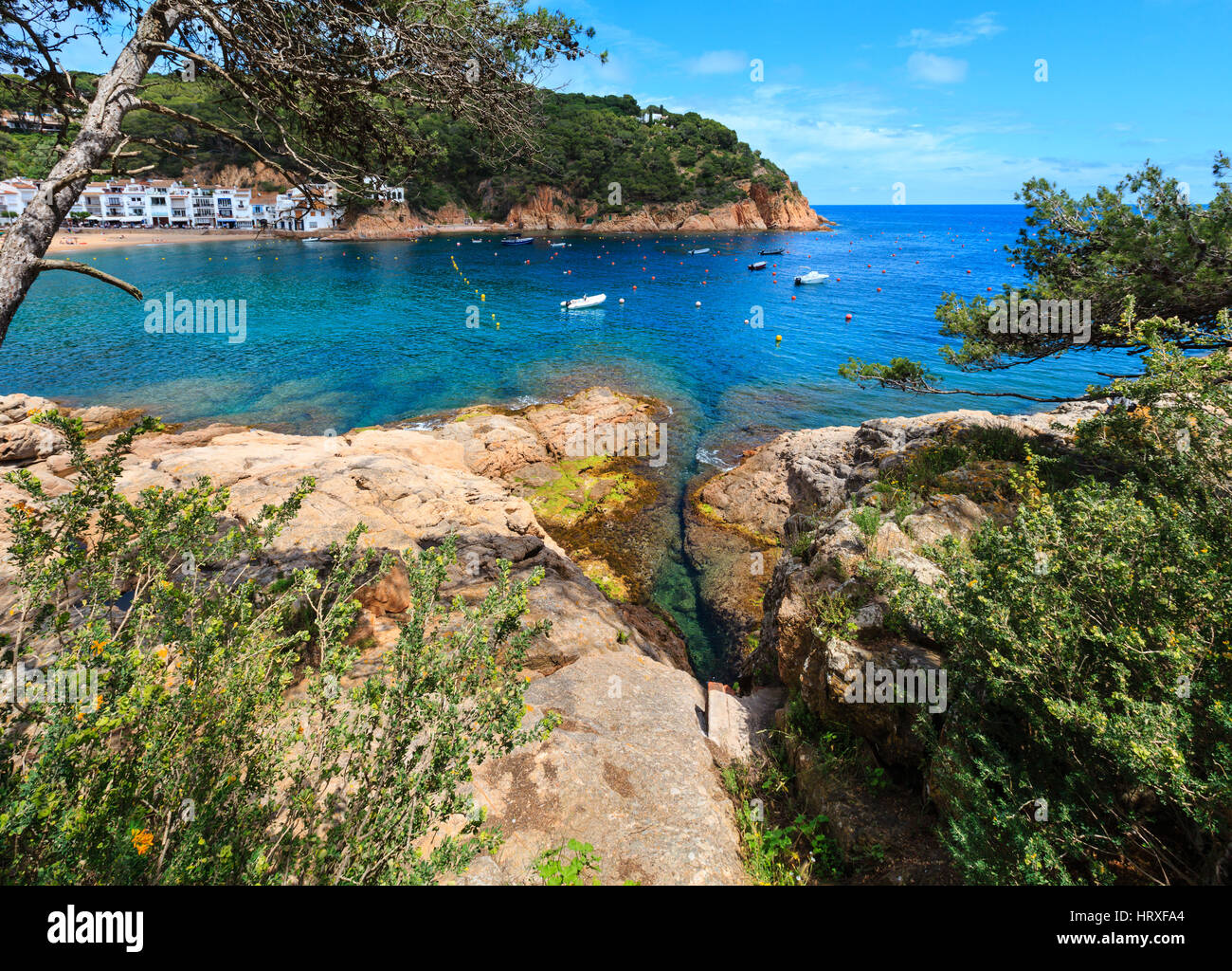 Tamariu bay and coastal town summer view with boats, Costa Brava in ...