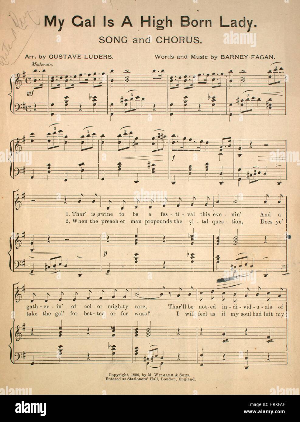 Sheet music cover image of the song 'My Gal is a High-Born Lady Song ...