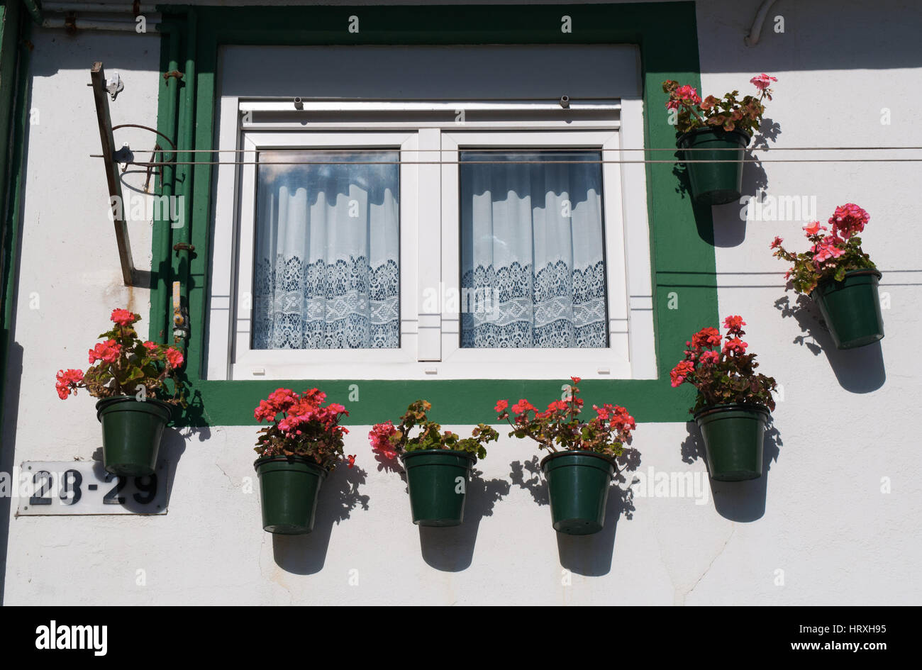 Outdoor scene: a green window with flower pot Stock Photo - Alamy