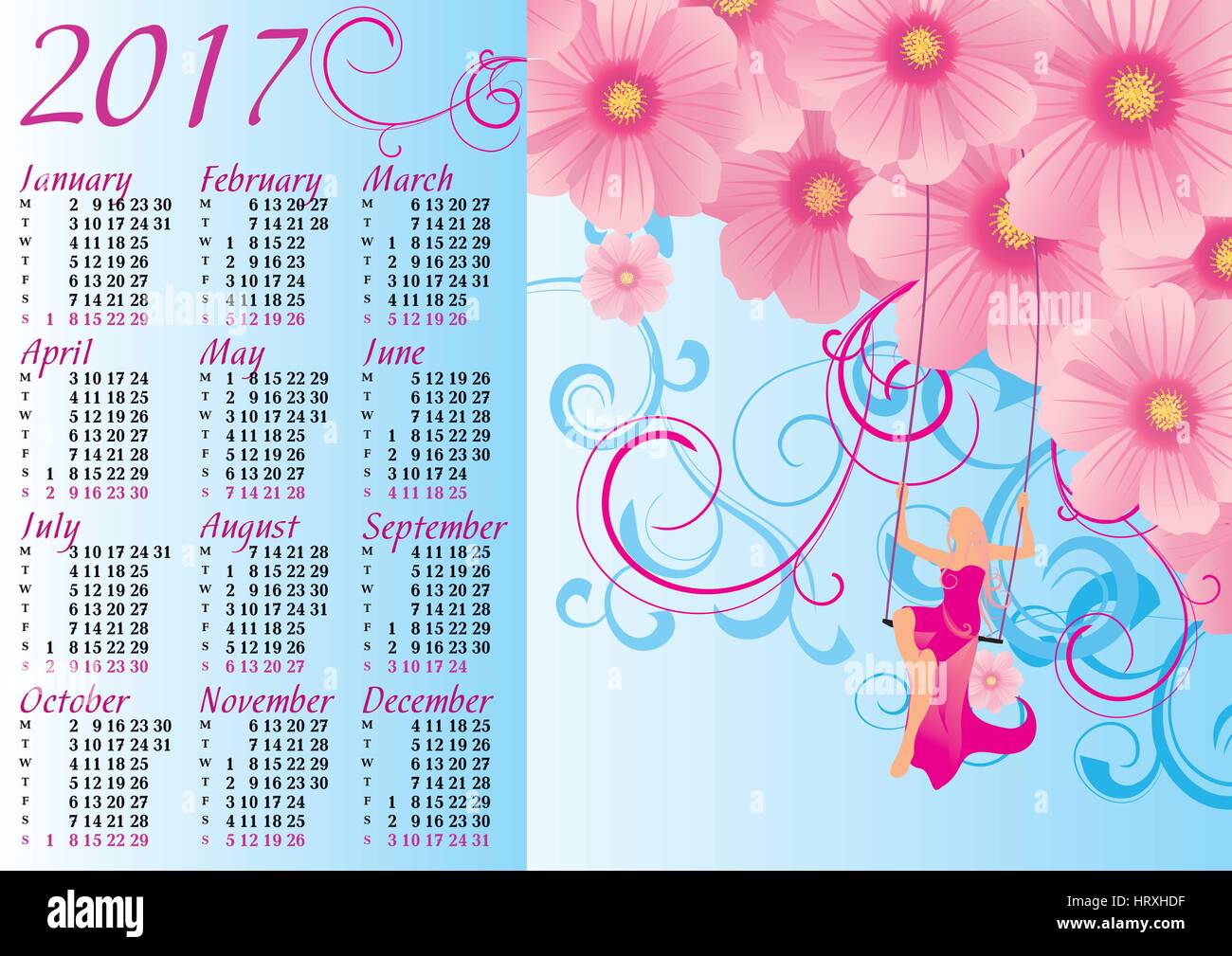 pink flowers and beautiful woman 2017 calendar Stock Vector Image & Art ...