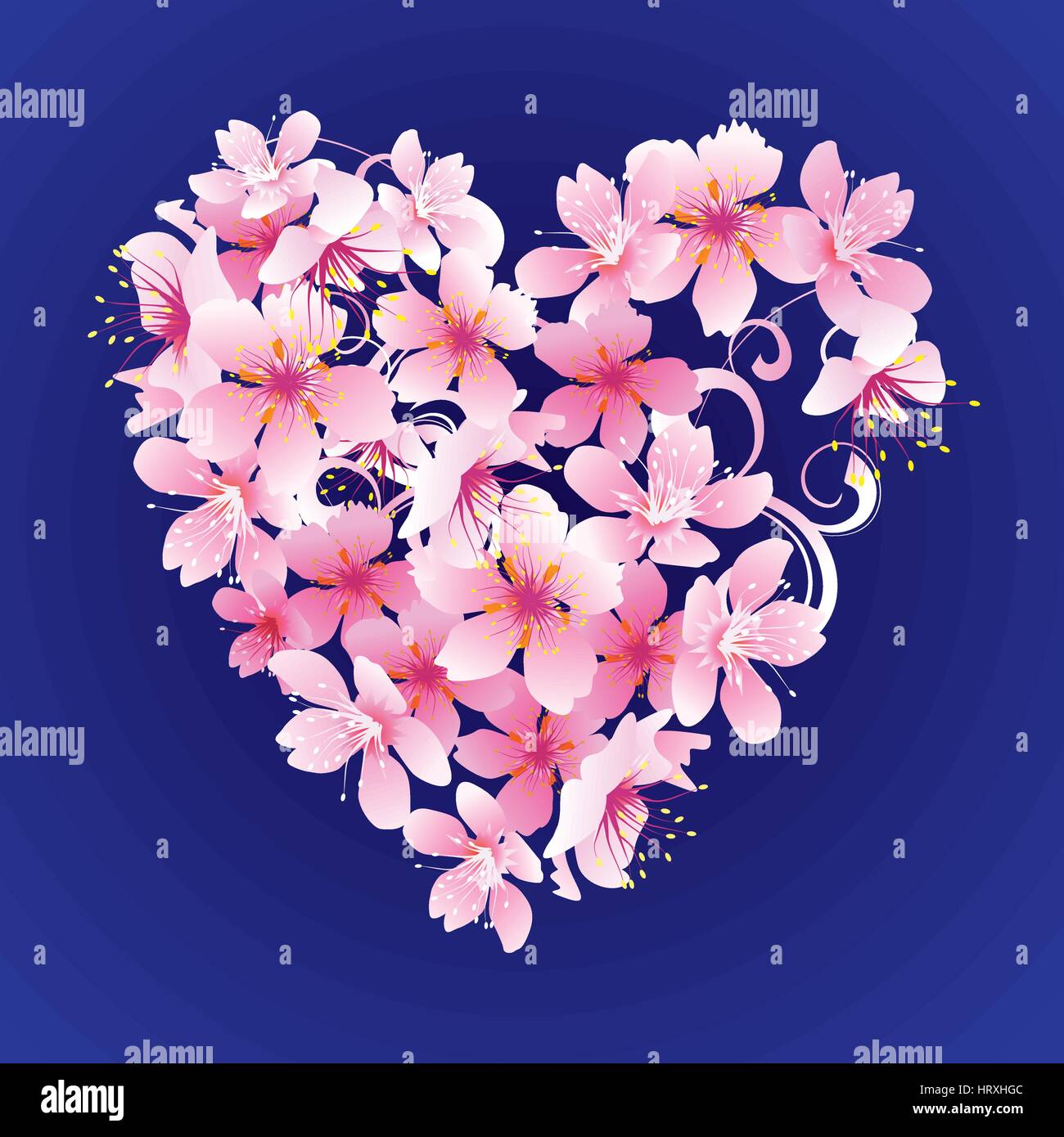 vector pink flowers heart on dark blue background Stock Vector Image ...