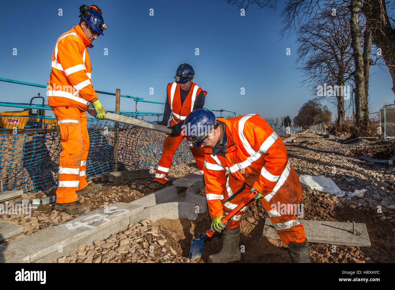 Rail construction workers laying foundations for the Aberdeen to ...