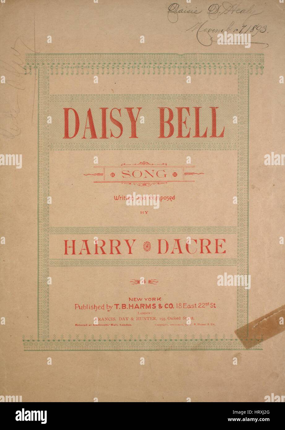 Sheet music cover image of the song 'Daisy Bell Song', with original ...