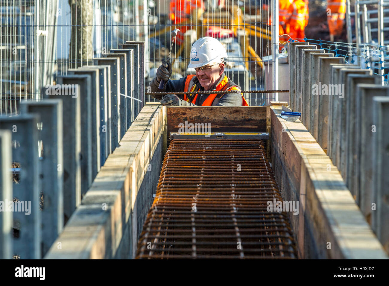Rail construction workers laying foundations for the Aberdeen to ...