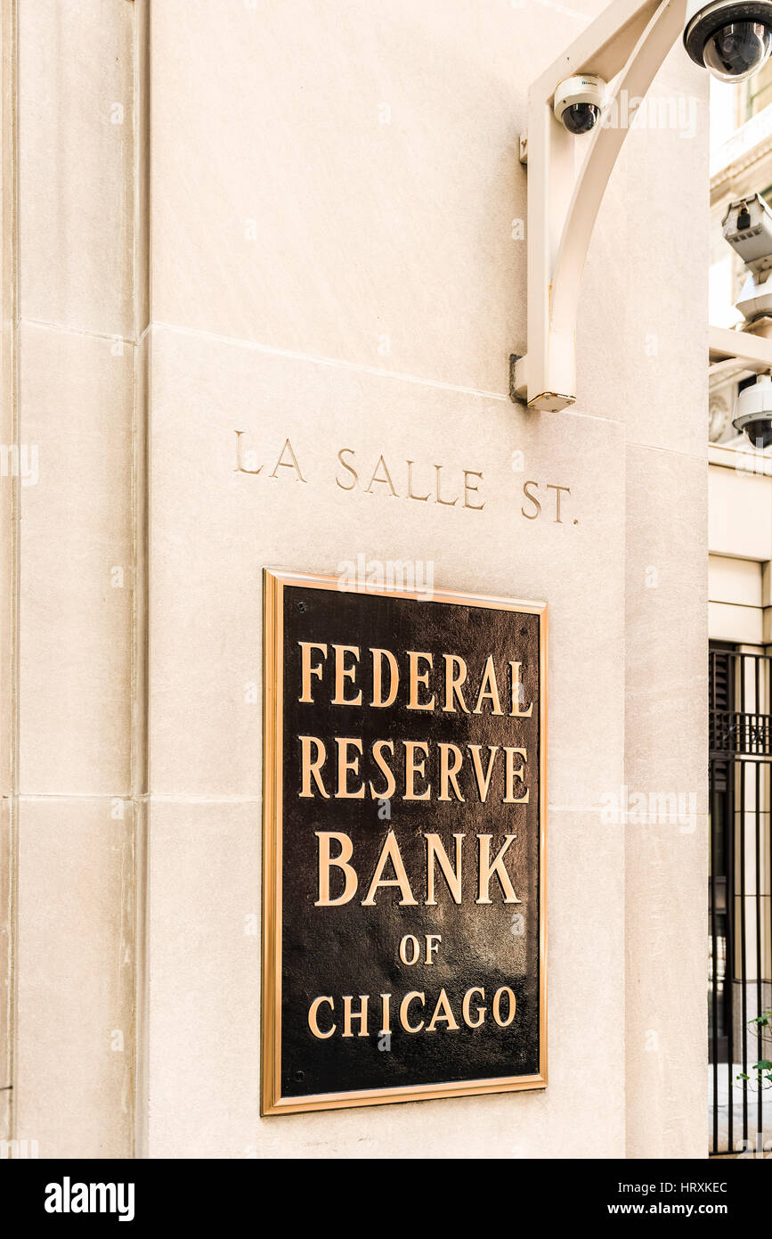 Chicago, USA - May 30, 2016: Federal Reserve sign, logo and text with ...