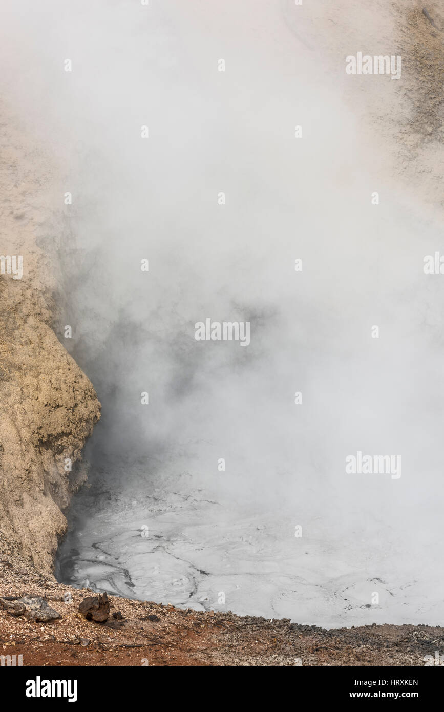 Boiling mud volcano in Yellowstone National Park with bubbles and steam ...