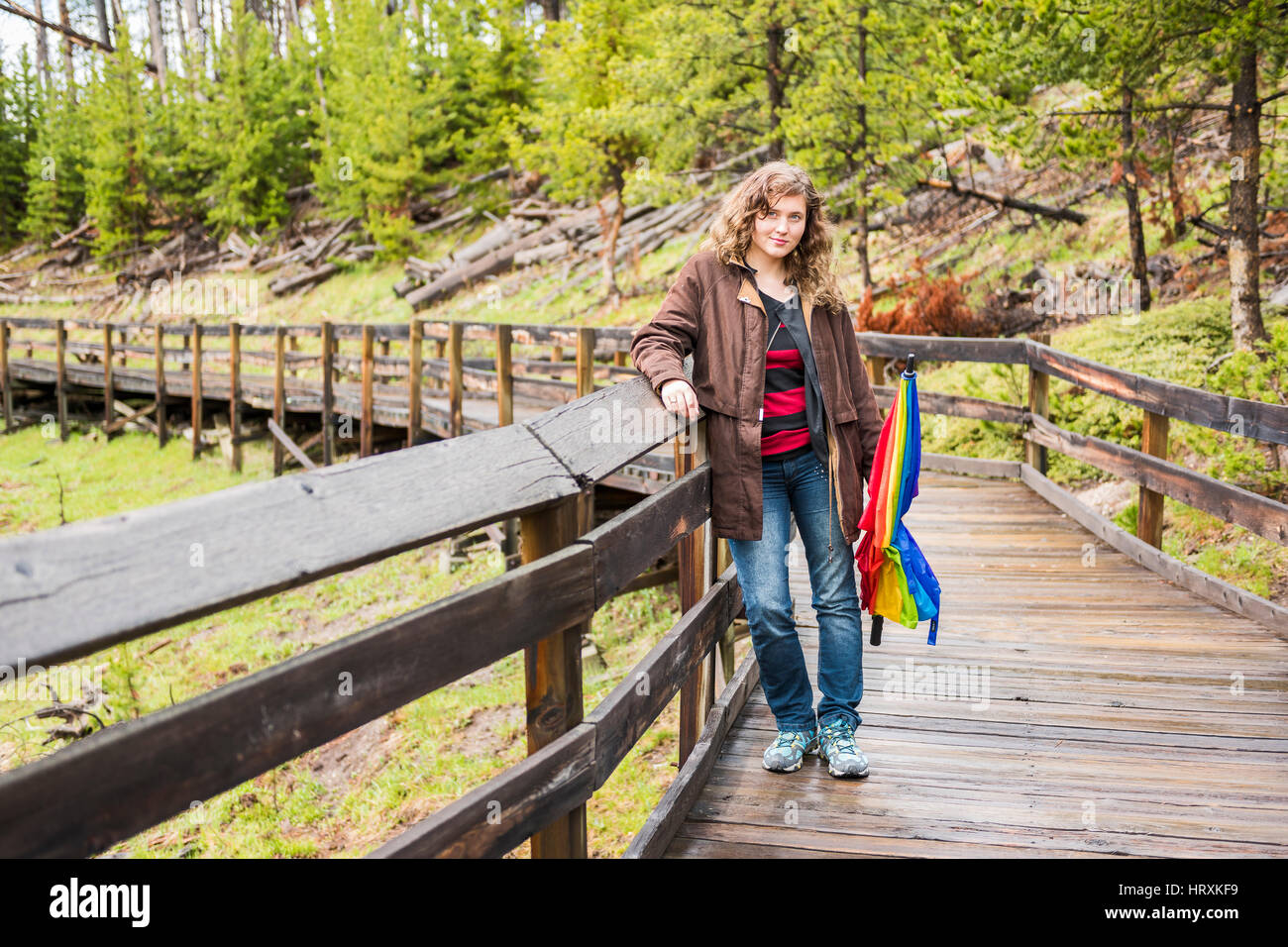Woman standing on boardwalk in Mud Volcano area in Yellowstone National ...