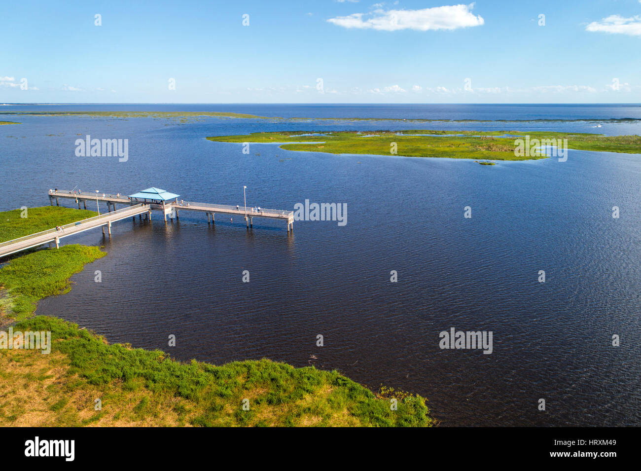 Lake Okeechobee Florida,pier,aerial overhead from above view looking down water,blue sky Stock ...
