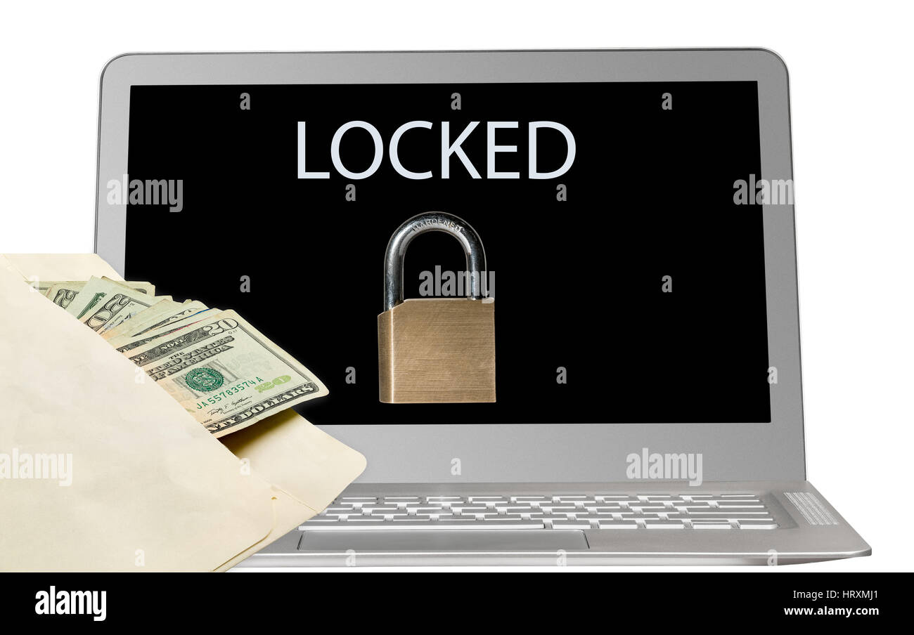 Modern laptop computer with ransomware locking applications. Envelope ...