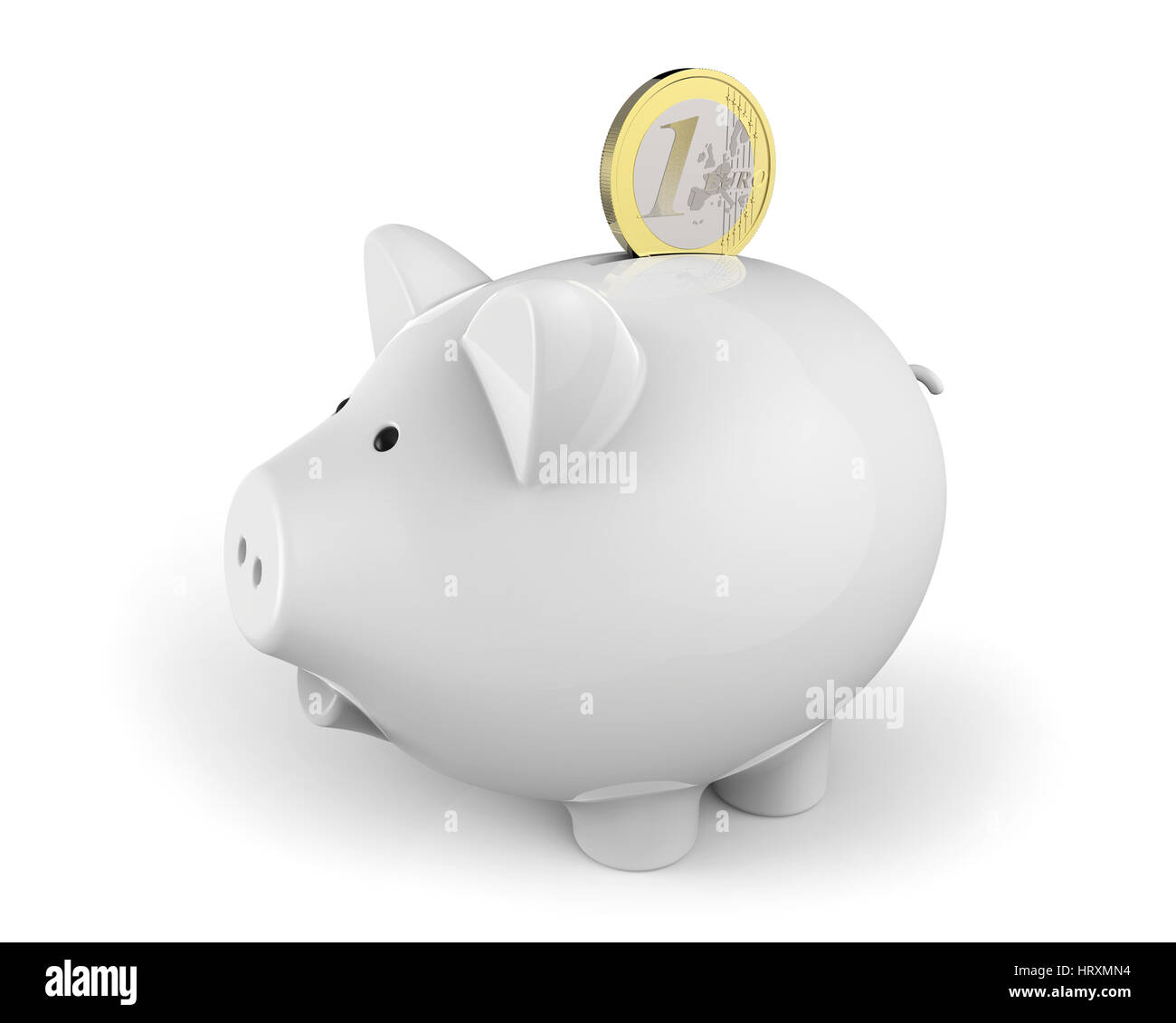White piggy bank with one Euro coin partially inserted into the slot on ...