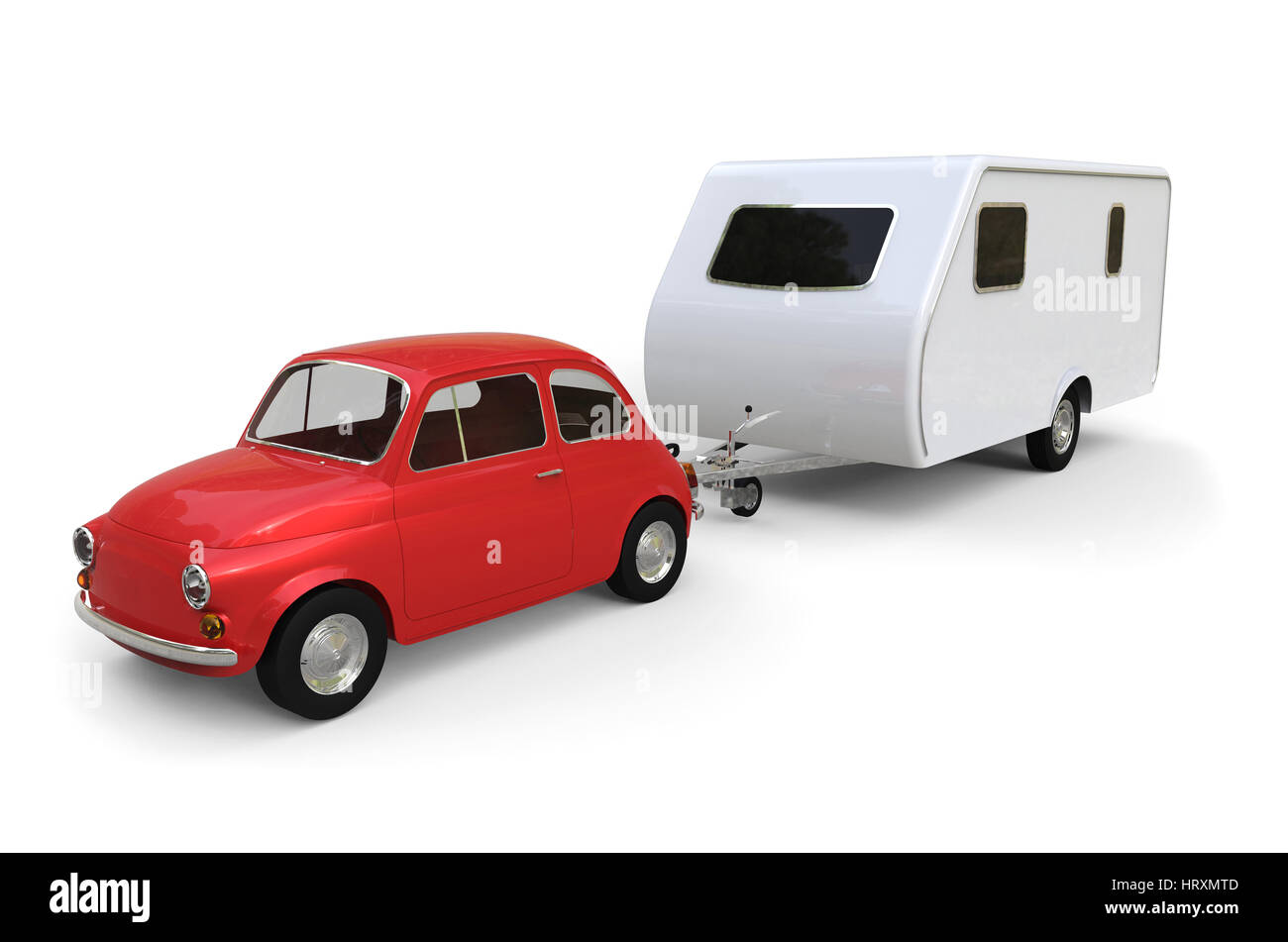Little red car with caravan vacation traveling on white background 3D ...