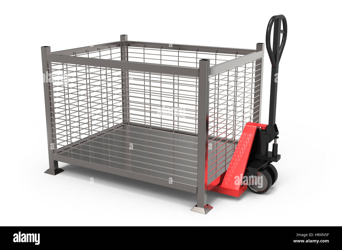 Hand pallet truck with transportation box on white background 3D ...