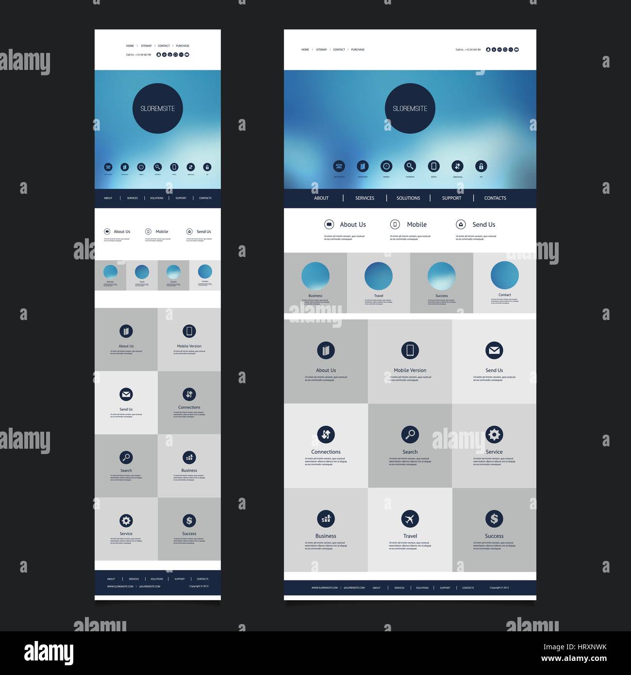 Responsive One Page Website Template with Blurred Header Background Design - Desktop and Mobile ...