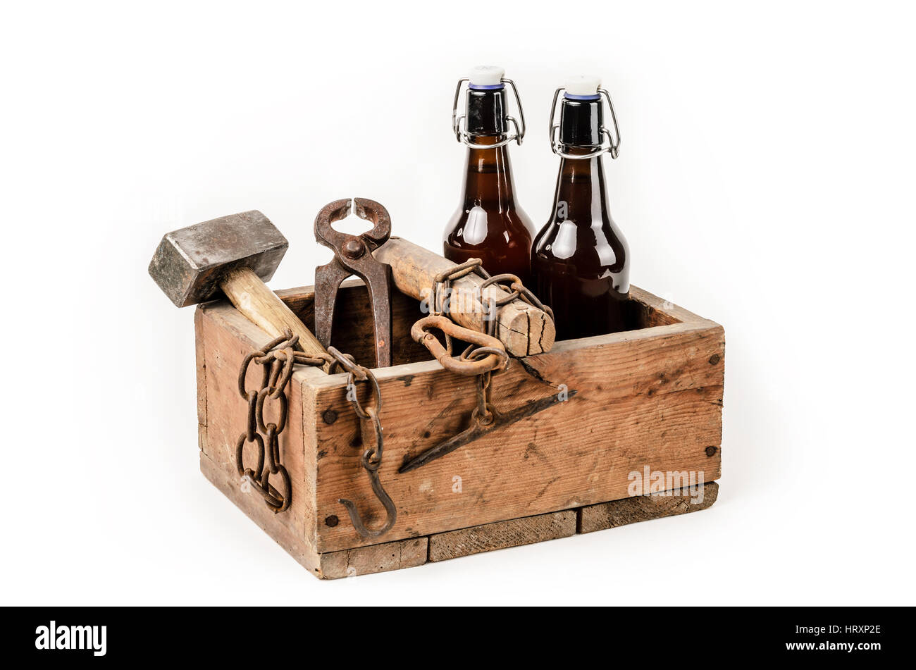 Old wooden toolbox with two bottles of beer on white background Stock ...