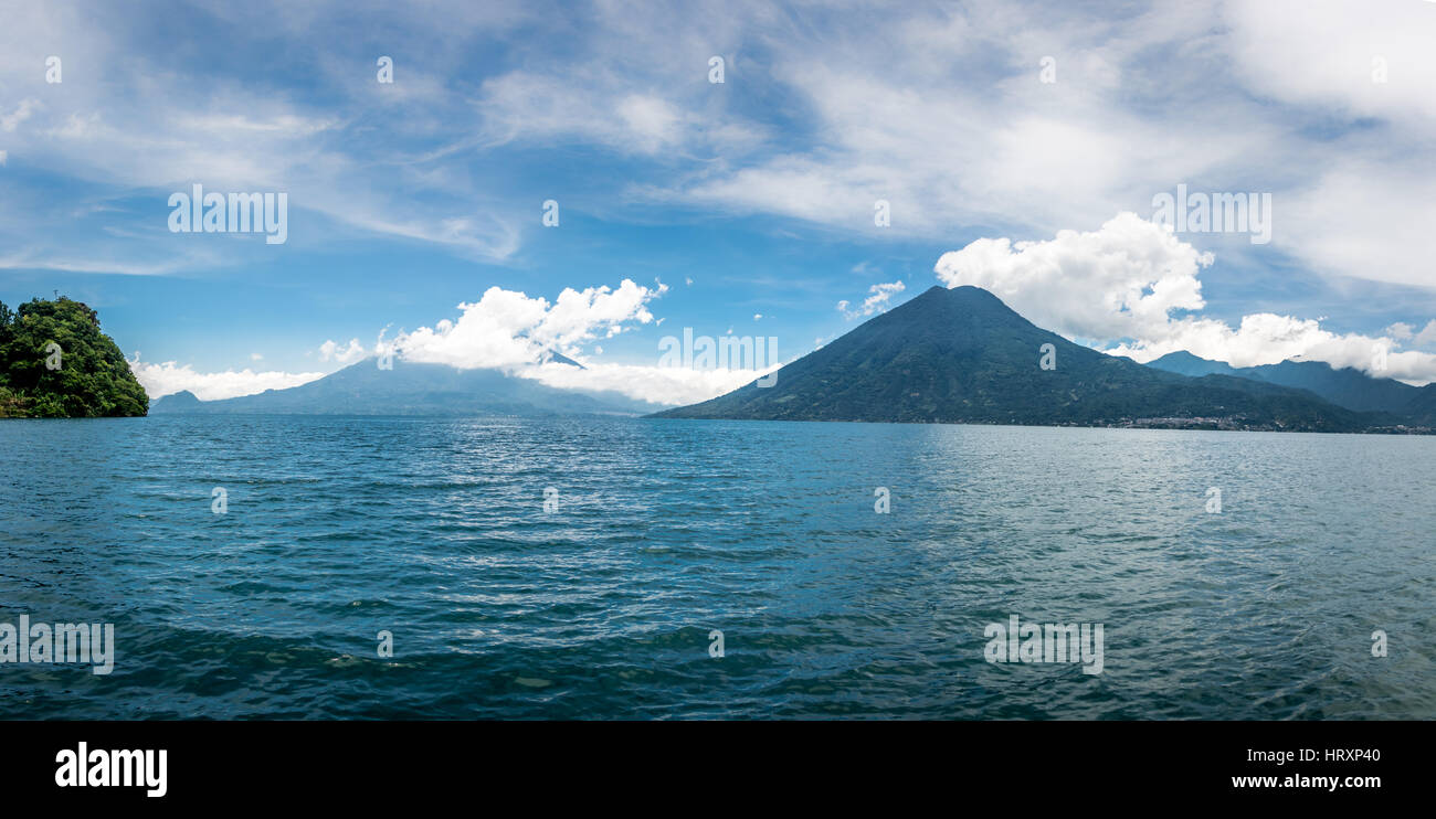 Panoramic view of Atitlan lake with volcanoes in the background - San ...