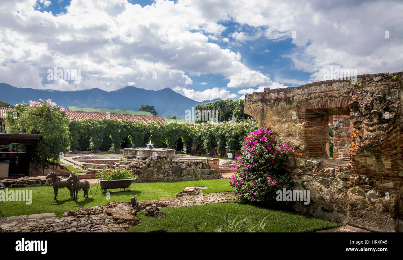 Renovated yard in ancient convent ruins - Antigua, Guatemala Stock ...