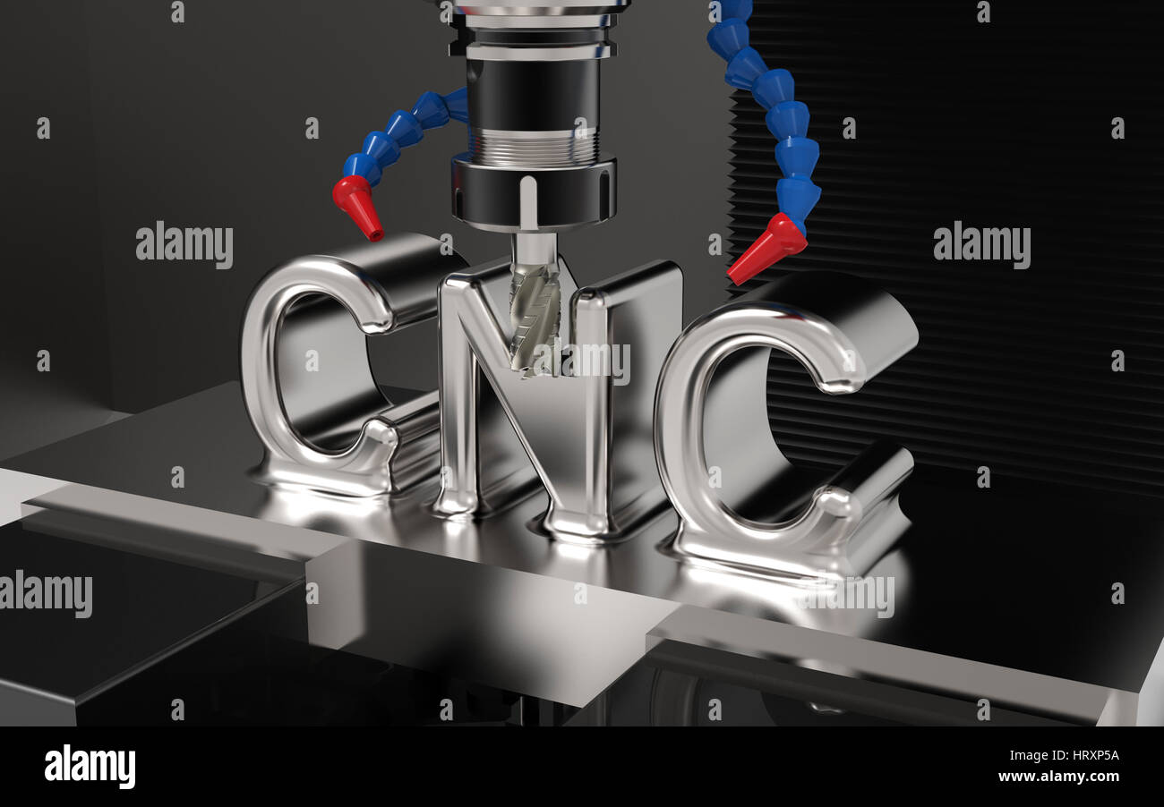 Metalworking CNC milling machine. Cutting metal with CNC Text Stock ...