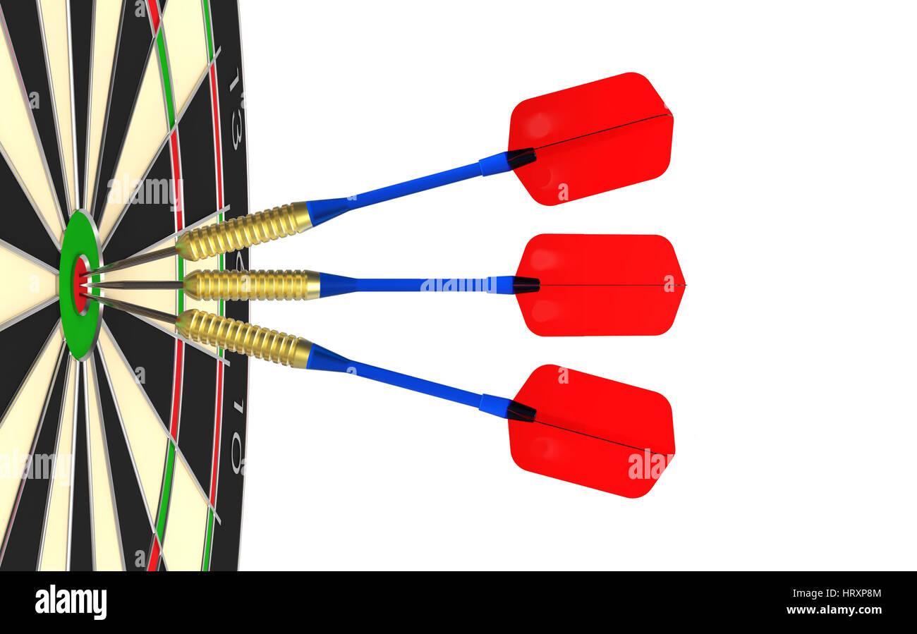 Three darts arrows in the target center isolated on white background 3D ...