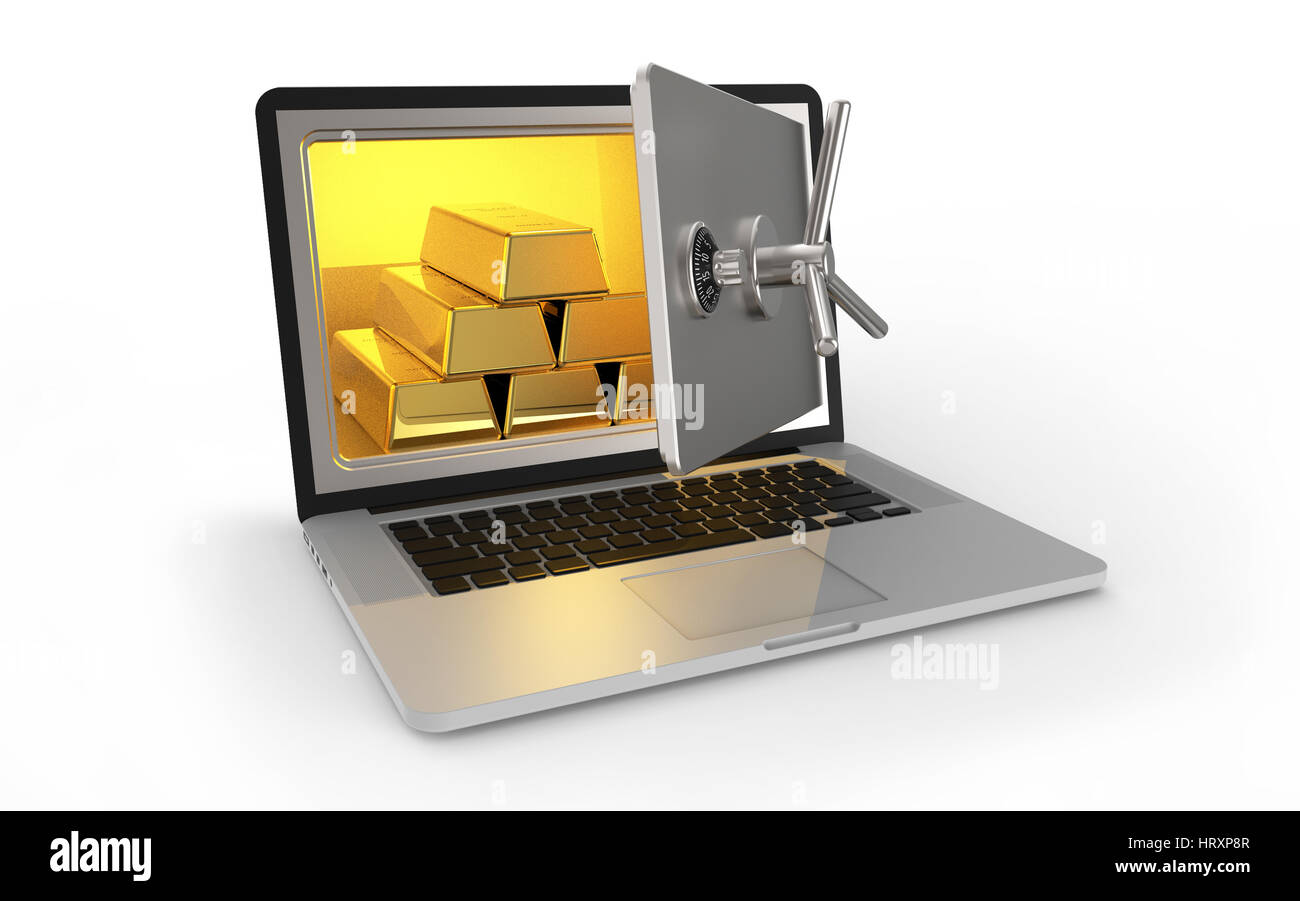 Laptop safe with gold bars isolated on white background 3D rendering ...